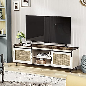 VINGLI Rattan TV Stand for TV's up to 75 Inch Farmhouse Boho Entertainment Center with Sliding Barn Door for Living Room, White, 70(W) x15.8(D) x23.6(H)