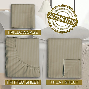 Twin XL 100% Microfiber Double Brushed Sheet Set - Extra-Soft & Wrinkle-Free - 15" Deep Pockets, 39" x 80" - Ideal for Dorms, Hospitals & Split King Beds - 3 PC Set (Twin XL, Khaki Stripe)