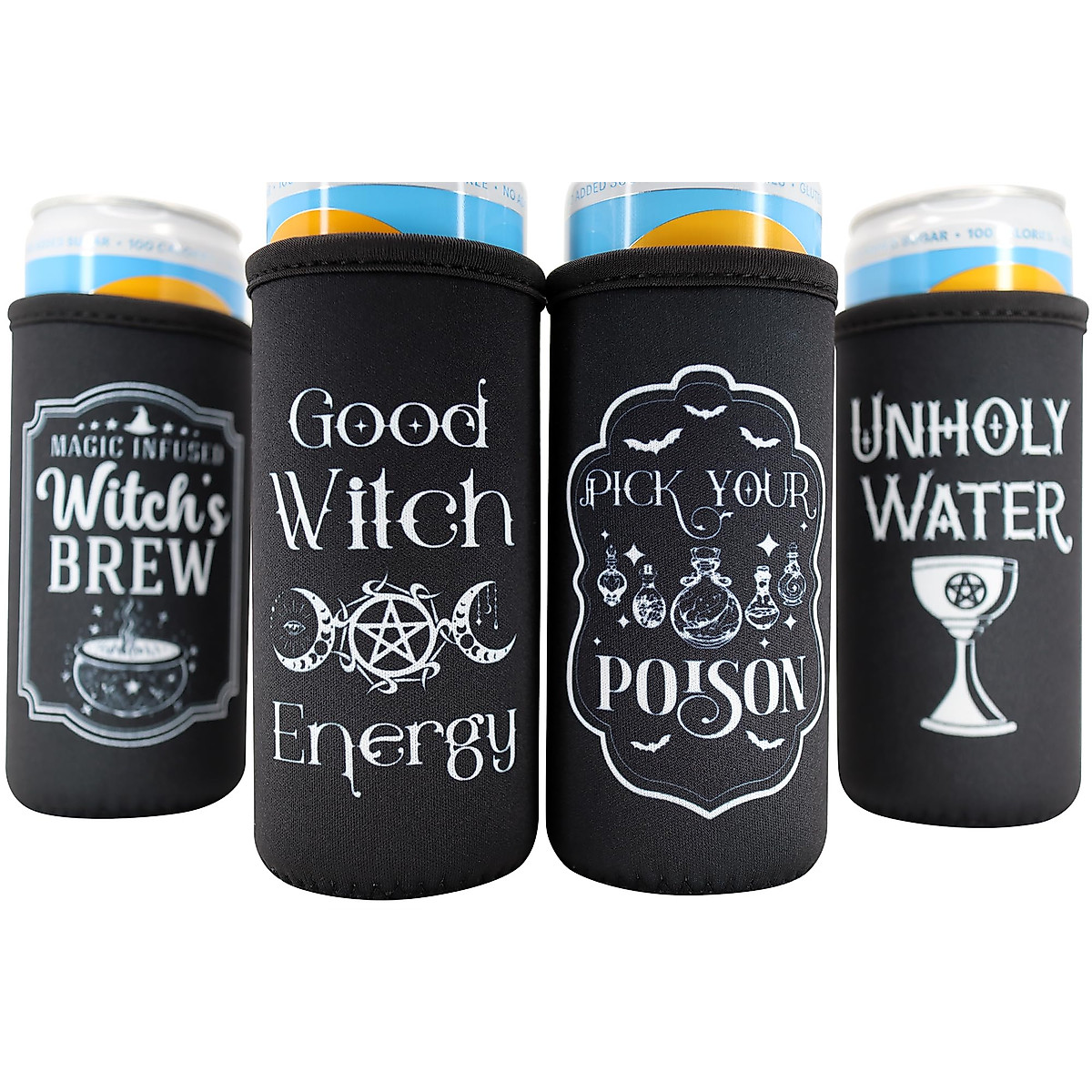 Witchy 12oz Slim Can Coolers - Stocking Stuffer Gothic Gift for Women, Adult Boo Basket for Her, Goth Car Accessories, Insulated 12 oz. Tall Skinny Can Cooler, Funny Witch Stuff Slim Can Sleeves