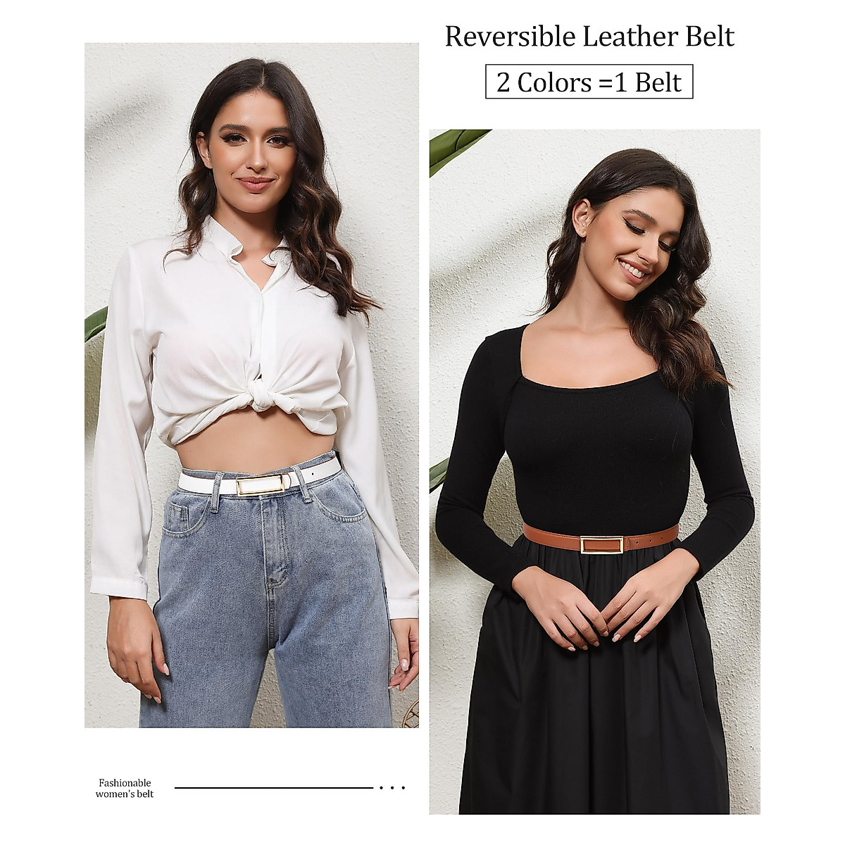 AWAYTR Women Reversible Leather Belt - Two-in-One Women Fashion Skinny Belt for Jeans with Golden Buckle (Brown/White,100cm)