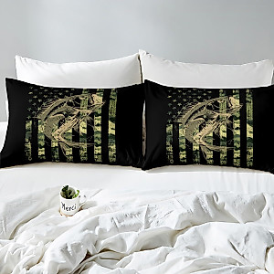 Bass Fish Camouflage Bedding Set Full Pike Fish Camo Duvet Cover for Women Men Room Kids Farmhouse Fishing Decor Comforter Cover Set Fishman Wild Bedspread Cover 3Pcs Zipper Green Black Full Size