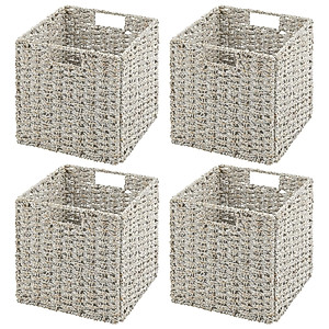 mDesign Seagrass Woven Cube Basket Organizer with Handles - Storage for Kitchen Cabinet or Pantry Shelf - Perfect for Cubby Storage Units - Holds Snacks or Small Appliances - 4 Pack - White Wash
