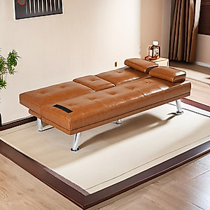 Convertible Futon Couch Sofa Bed, Modern Sleeper Leather Sofa Bed with Adjustable Back and 2 Cup Holders, Folding Loveseat Daybed Guest Bed for Living Room, Apartment, Office (Tan)