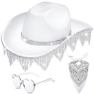 Hercicy Rhinestone Cowboy Hat Glitter Cowboy Hat Sparkly Cowgirl Hat for Concert Birthday Party Beyonce Renaissance(White)