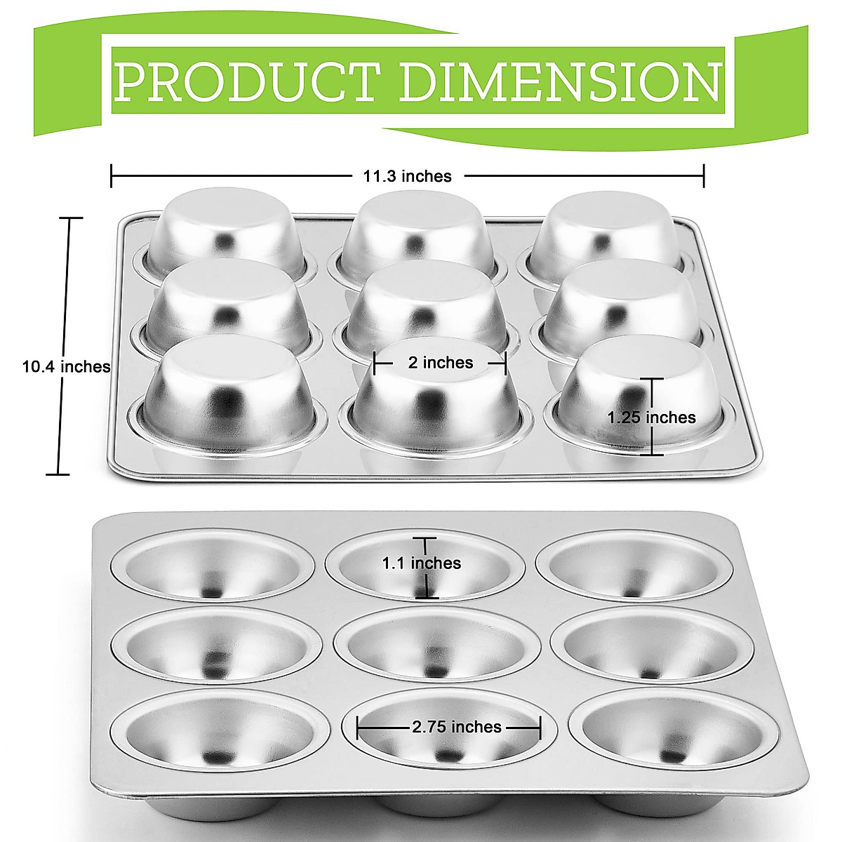Herogo 2 Pack Stainless Steel Muffin Pan Tin for Baking, 9-Cup Metal Nonstick Cupcake Molds Tray Set for Making Egg Muffin, Mini Brownie, Easy to Clean & Quick Release, Oven & Dishwasher Safe