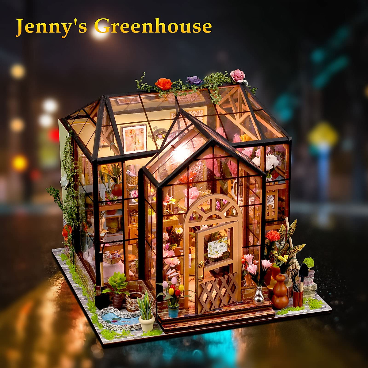 GuDoQi DIY Miniature Dollhouse Kit, Tiny House kit with Furniture, Miniature House Kit 1:24 Scale, Handmade Gift for Birthday Christmas Day, Jenny Greenhouse Flower Shop