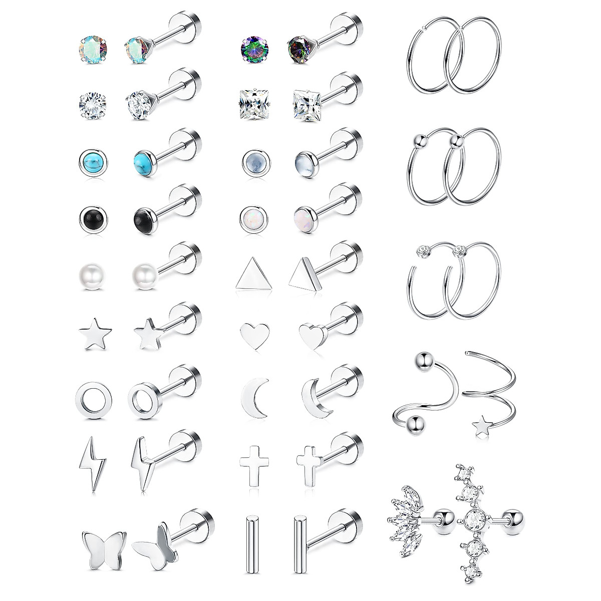 SAILIMUE 23Pairs Flat Back Earrings Hypoallergenic Surgical Steel Earrings for Women Men Hoop Stud Earrings Set Small Cartilage Earrings Tragus Daith Helix Earrings