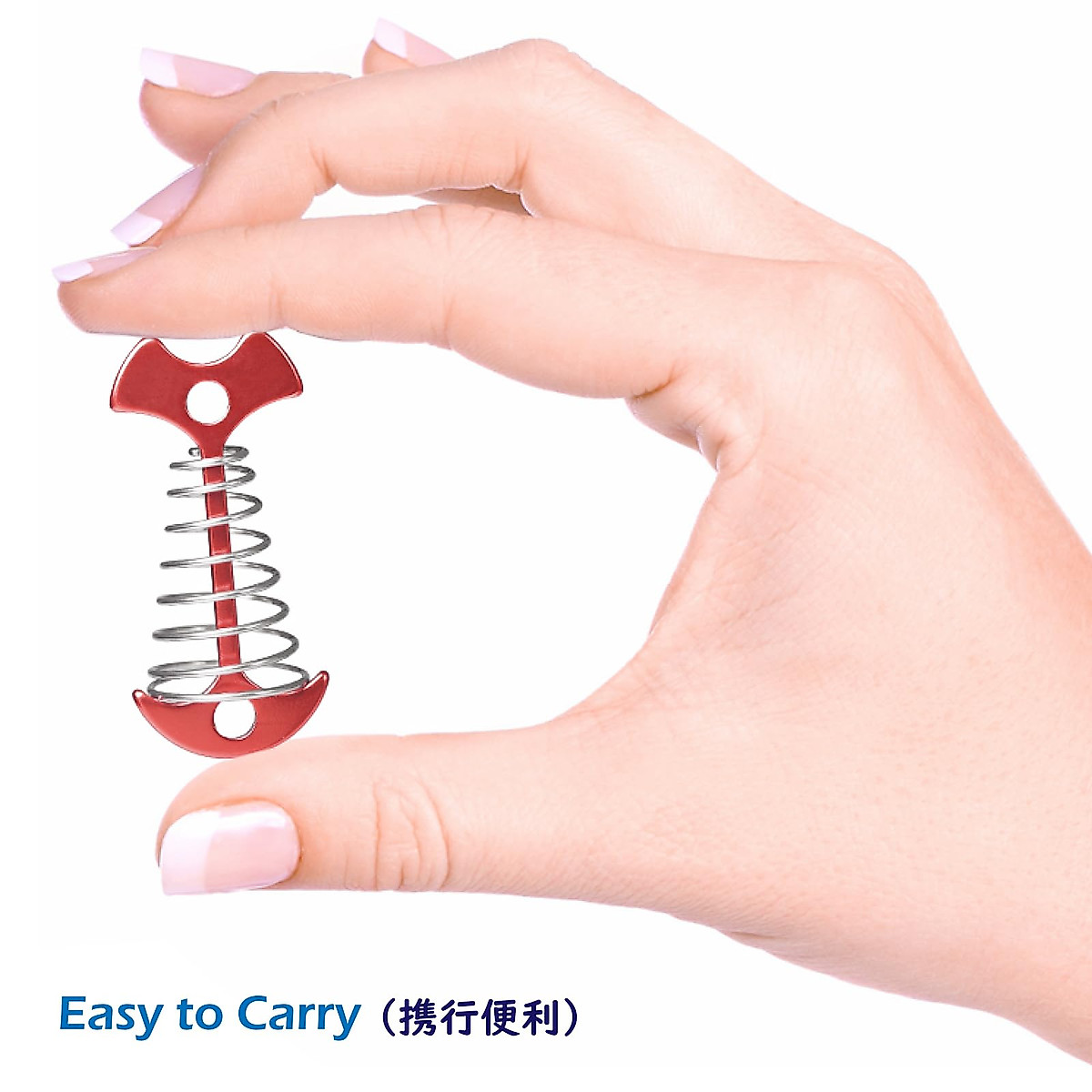 TRIWONDER 6pcs Deck Plank Board Tent Stakes Aluminum Spring Anchor Fishbone Guyline Cord Adjuster Tent Pegs with Carabiners for Outdoor Camping Hiking (Red Spring Nails + Carabiners)