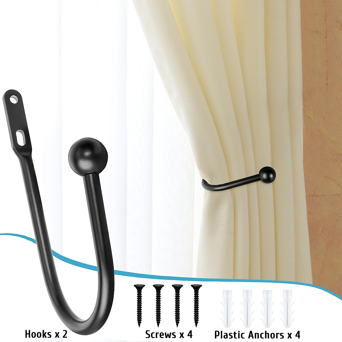 VRSS Curtain Tiebacks Drapery Holdbacks Simple Vintage Style (2pcs Black)