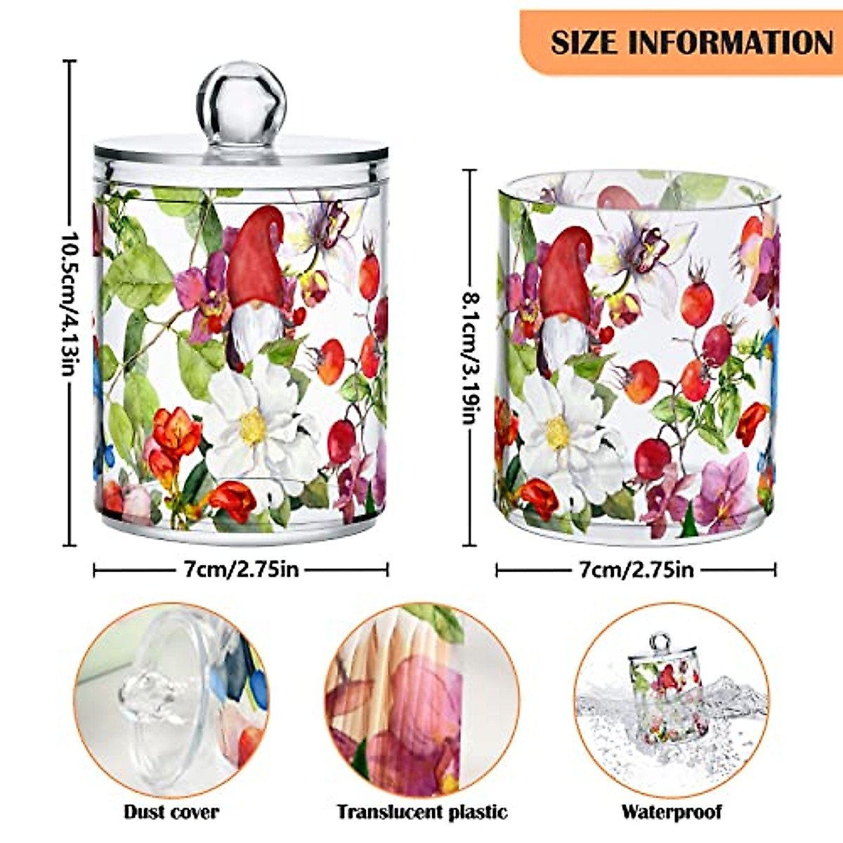 Kigai 2PCS Gnomes Flowers Qtip Holder Dispenser with Lids - 14 oz Bathroom Storage Organizer Set, Clear Apothecary Jars Food Storage Containers, for Tea, Coffee, Cotton Ball, Floss
