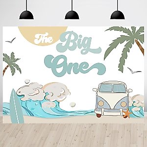 The Big One Surfing 1st Birthday Backdrop for Boys Retro Surf Van Surfboard Beach Party photography Background Boy One Birthday Party Decorations Cake Table Banner 5x3ft
