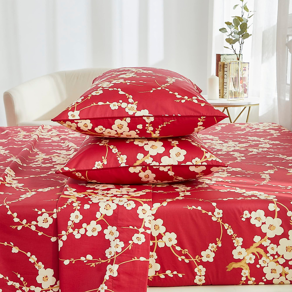 Brandream Floral Sheet Set Twin Size Japanese Oriental Style Cherry Red Blossom Flower Branches Print Chinoiserie Bedding Pillowcases Set 800TC Egyptian Cotton Sateen Botanical Tree Deep Pocket, 4 Pcs