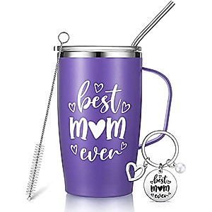 Lallisa Best Mom Ever Christmas Gifts from Daughter Stainless Steel Insulated Travel Tumbler with Straw and Mother's Day Keychain 16 oz Coffee Mug Cup Mother's Day Birthday Gift Set (Purple)