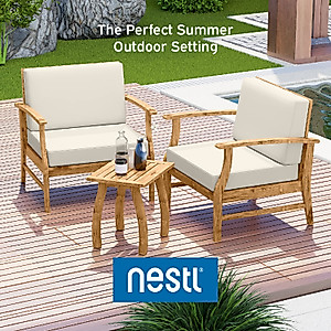 Nestl Small Patio Furniture Set – Patio Bistro Set 3 Piece Outdoor with Patio Chairs, Acacia Wood Balcony Furniture with Outdoor Chairs Set of 2, Natural Wood Patio Chairs with Off White Cushions