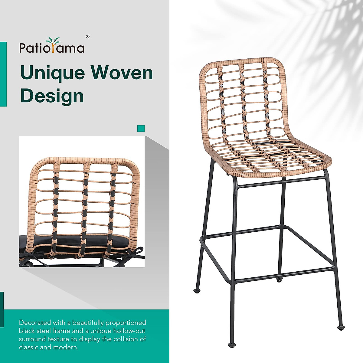 Patiorama Outdoor Bar Stools Set of 4, Patio Counter Height Stools & Bar Chairs w/Footrest, Hand-Woven Armless Beige Rattan Bar Set Patio Furniture for Garden,Pool, Indoor,Cafe,Kitchen(Black Cushion)