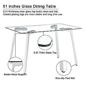 Glass Dining Table Set for 4,Rectangle Dinner Table with 4 White Leather Kitchen Chairs,51 in Kitchen Room Dining Set,0.31” Tempered Glass Table Top with Silver Metal Legs,4 Dining Chairs