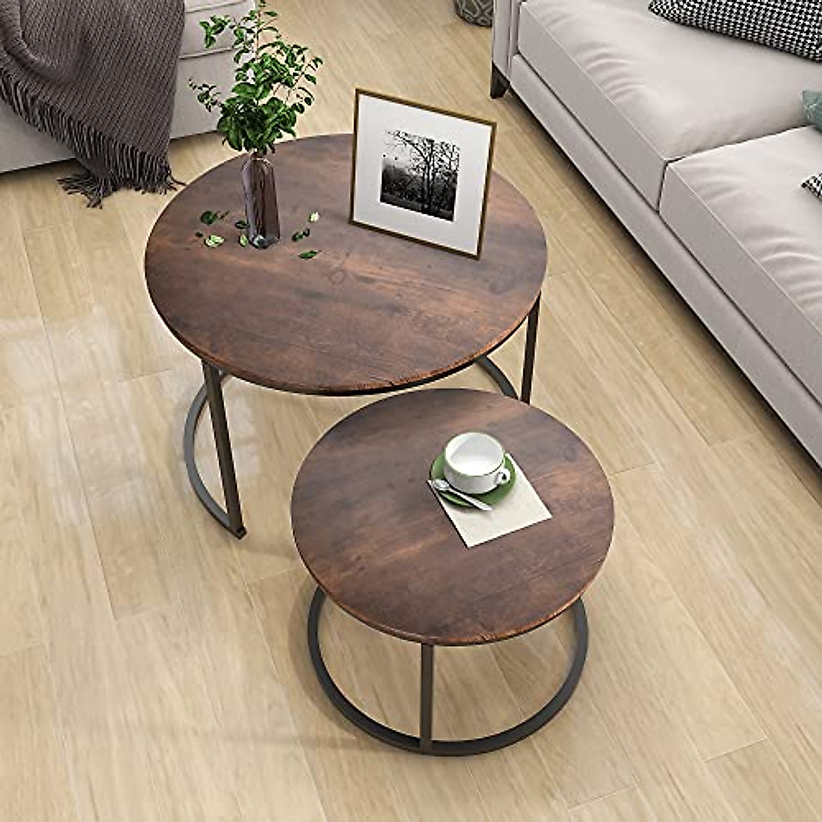 HOJINLINERO Industrial Round Coffee Table Set of 2 End Table for Living Room,Stacking Side Tables, Sturdy and Easy Assembly,Wood Look Accent Furniture with Metal Frame,Black+Rustic Brown
