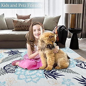 CAREMEE Large Area Rug 8x10 Floral Rug Large Botanical Accent Area Rug Washable Living Room Bedroom Rug Non-Shedding Indoor Carpet Low Pile Throw Rug for Office Bedroom Dining Room, Blue/Light Grey