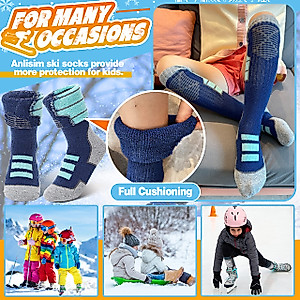 Anlisim Kids Merino Wool Ski Socks for Girls Boys Teen Thermal Winter Warm Thick Hiking Knee High Socks Stocking Stuffers for Skiing Snowboarding (Grey/Dark Blue/Green C, 8-12 Y)