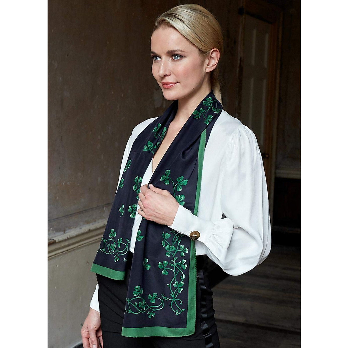 Patrick Francis Navy & Green Shamrock Sprig Silk Scarf
