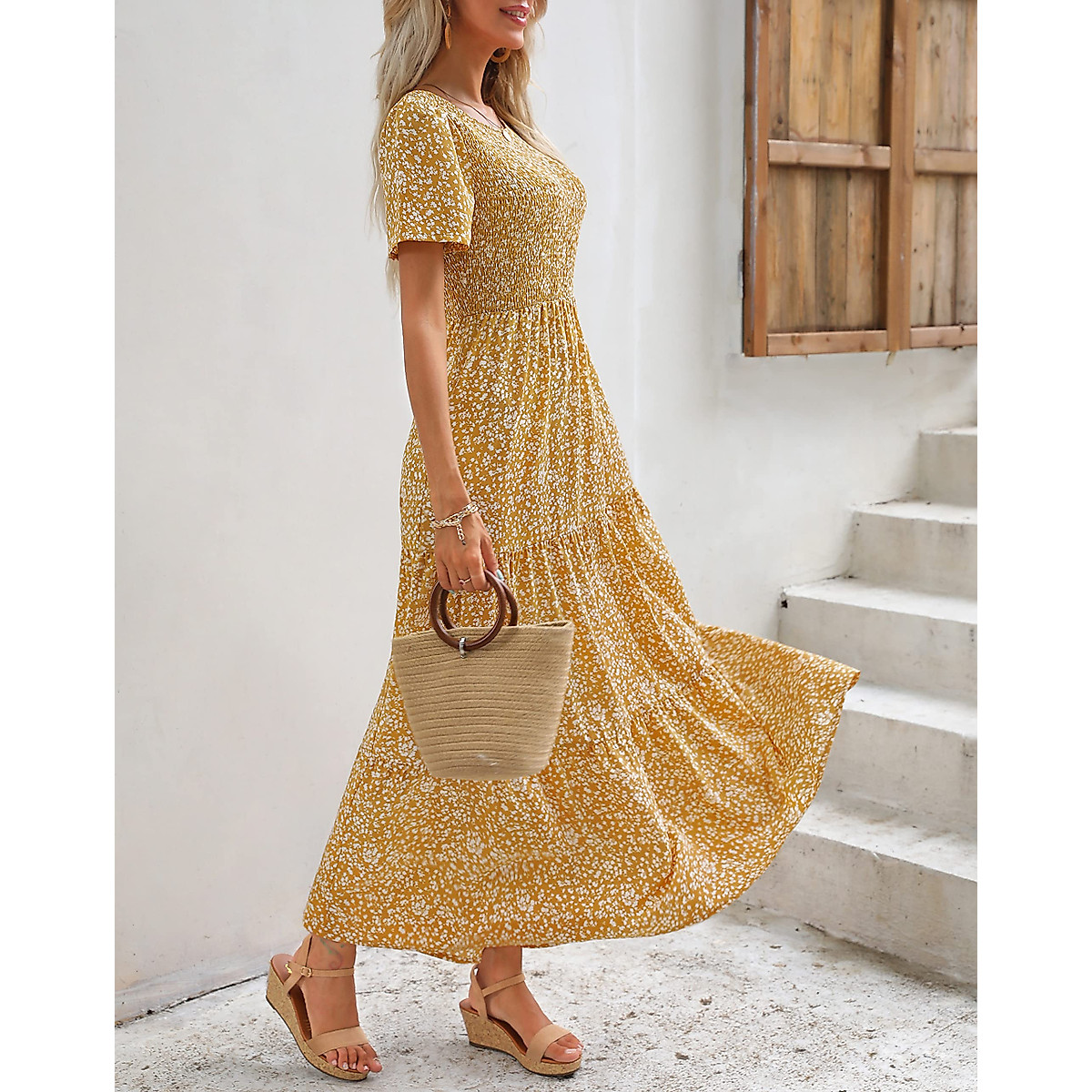 Maggeer Womens 2025 Summer Spring Wedding Guest Long Dresses Boho Maternity Baby Shower Mothers Day Smocked Floral Maxi Dress with Sleeves Mustard XS
