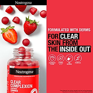 Neutrogena Clear Complexion Antioxidant Gummies with Zinc, Daily Skincare Supplement with Vitamin A, Vitamin C & Vitamin E for Clear, Healthy Skin + Probiotics, Strawberry Flavor, 60 ct