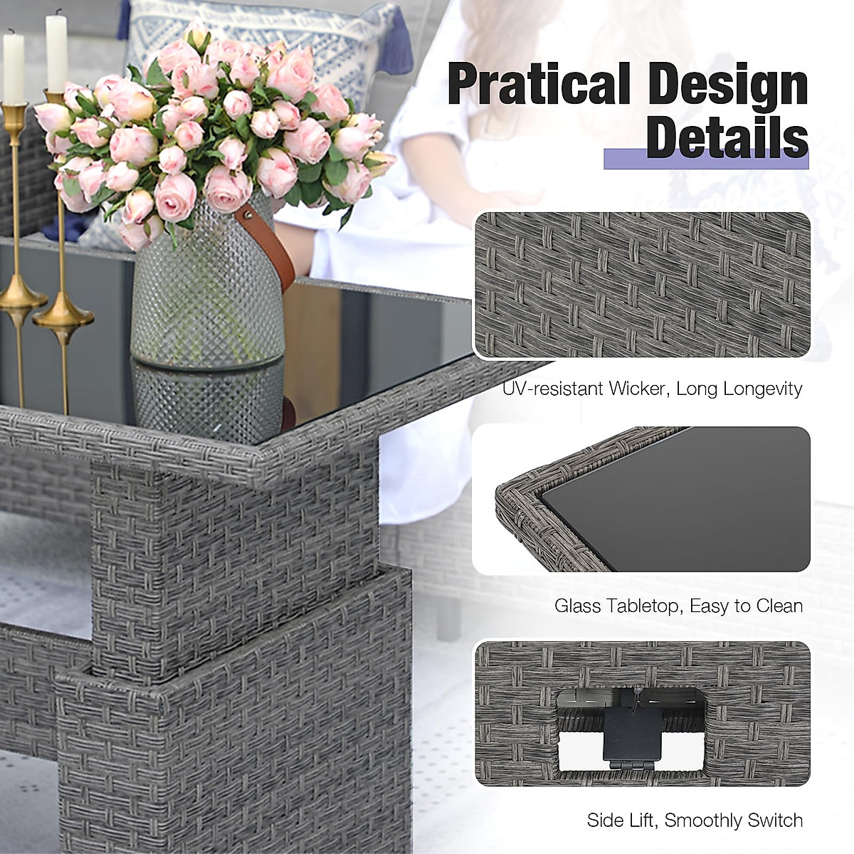 SUNSITT Patio Furniture Set 6-pcs Outdoor Furniture Conversation Sets with Lift Dining Table Wicker Patio Furniture Outdoor Couch Grey Rattan Light Grey Cushions for Garden, Backyard, Lawn