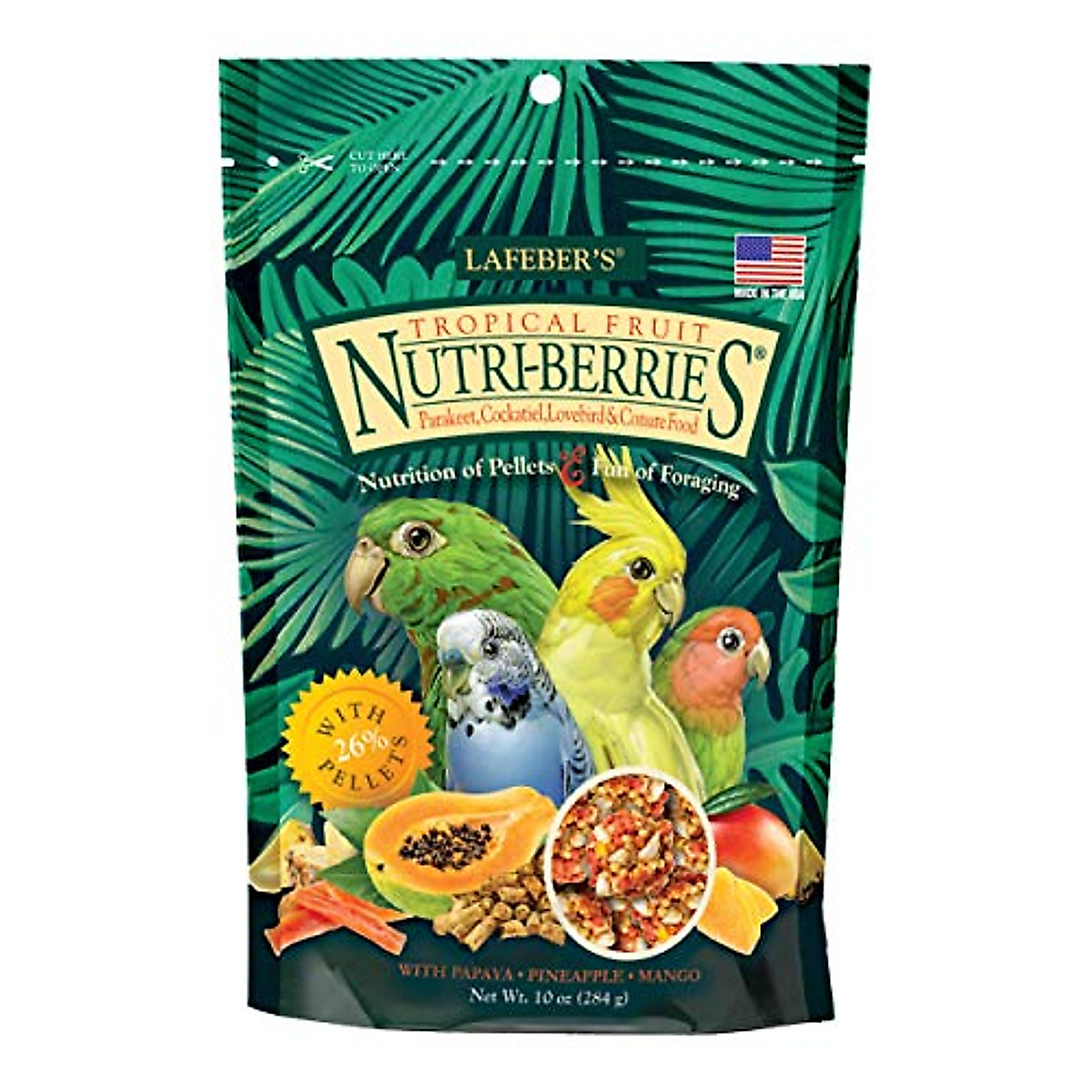 LAFEBER'S Tropical Fruit Nutri-Berries Pet Bird Food, Made with Non-GMO and Human-Grade Ingredients, for Cockatiels Conures Parakeets (Budgies) Lovebirds (Tropical Fruit 10 oz)
