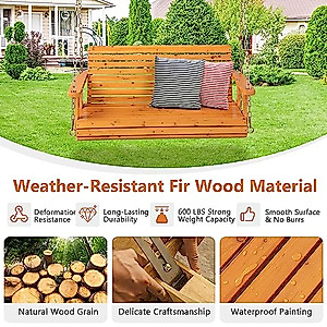 Tangkula 2 Person Hanging Porch Swing, Outdoor Bench Swing with Adjustable Chains, High Back, Cozy Armrests, Wooden Tree Swing Chair for Patio Backyard Deck Garden (Natural)