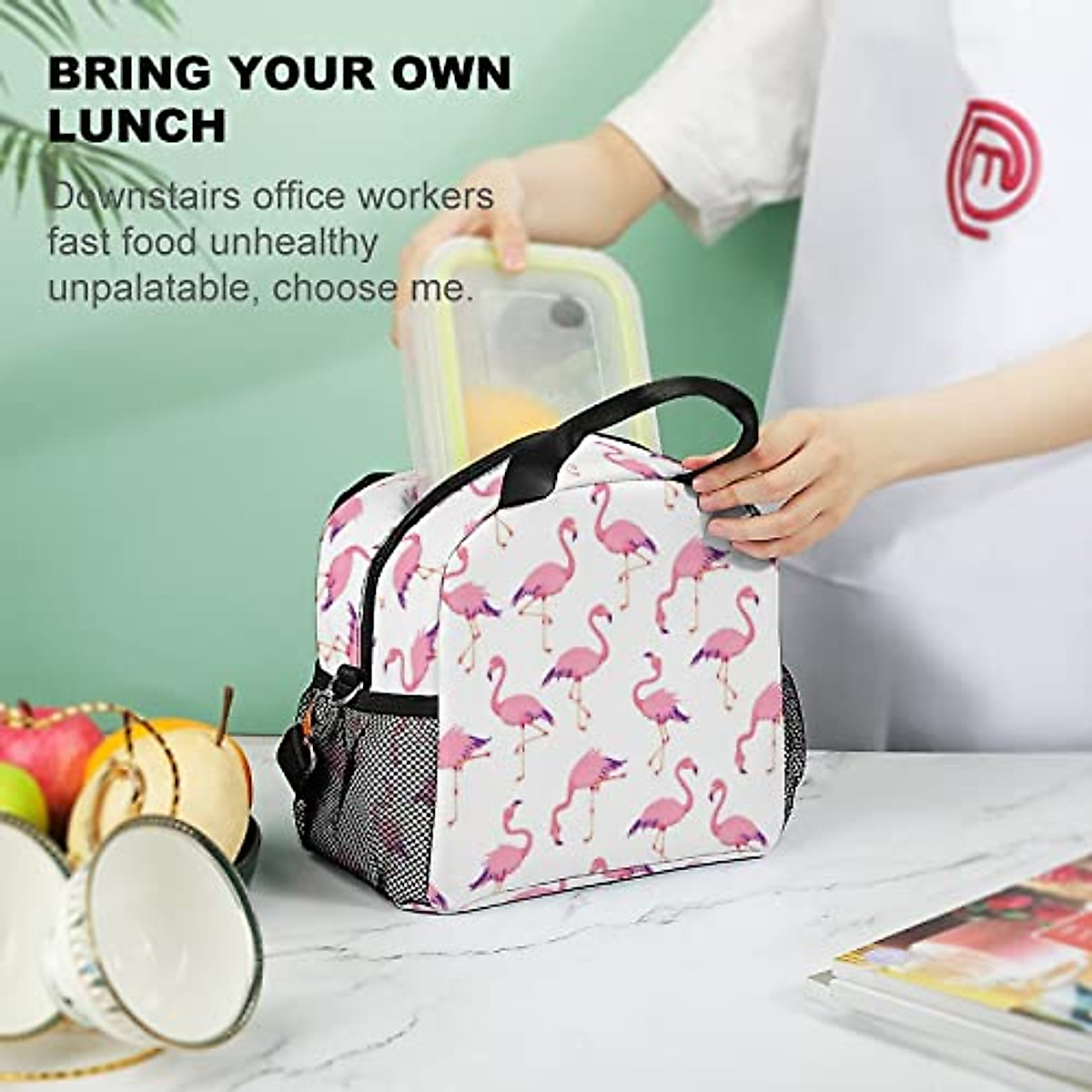 Funny Pink Flamingos Printed Lunch Box Tote Bag with Handles and Shoulder Strap for Men Women Work Picnic