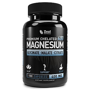 Premium Chelated Magnesium Glycinate, Malate, Citrate (400mg | 180 Capsules) Triple Blend Magnesium Complex