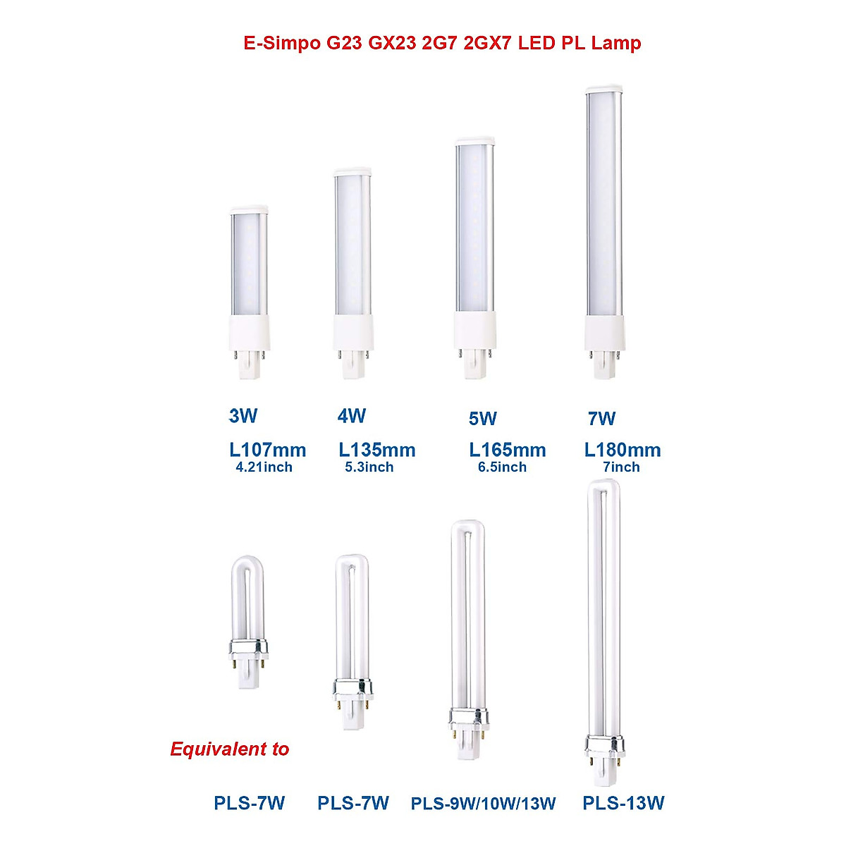 E-Simpo 2pcs G23 7W 7.1" LED Bulb PLS-13W Replacement G23d 2P Cold White 6000K LED PL Retrofit Horizontal Recessed Down Light Plug Play for INDUCTANCE/Magnetic Ballast (Cold White, 7inch/180mm 7W)
