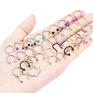 Ftovosyo 40Pcs 16G Surgical Steel Nose Septum Rings Piercing Jewelry Horseshoe Helix Tragus Cartilage Earring Hoop Eyebrow Lip Hoop Retainer for Women Men 10mm 3/8 inch