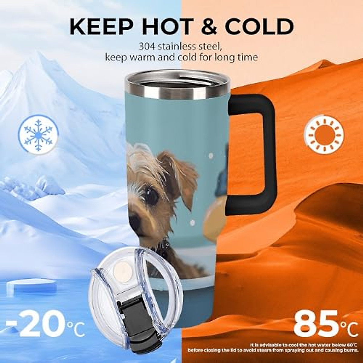 STVNKML 40 Oz Tumbler with Handle Funny Dog in Bathtub Stainless Steel Coffee Mug Reusable Travel Mug Leak-proof Insulated Car Cup Large Capacity Tumbler for Travel, Outdoor, Home Use (Black)