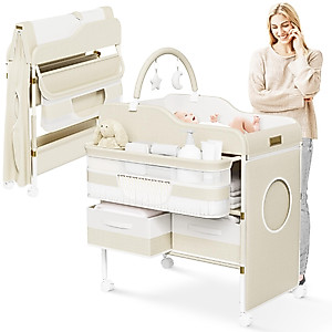 Portable Baby Changing Table with Wheels - Modern Dresser Changing Tables w/Hanging Toys, Laundry Bag, Changing Table Organizer Boxes - Folding Waterproof Baby Diaper Changing Station for Nursery