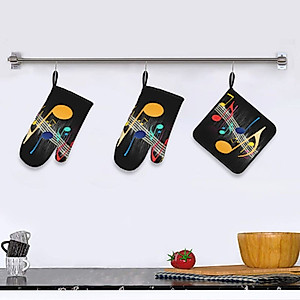 Colorful Musical Note Oven Mitts and Pot Holders Sets of 3 Washable Heat Resistant Hot Pads Non-Slip BBQ Gloves for Kitchen Cooking Baking Grilling