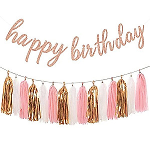 Aonor Rose Gold Birthday Party Decorations - Glittery Rose Gold Happy Birthday Banner and Tissue Paper Tassels Garland for Birthday Decorations