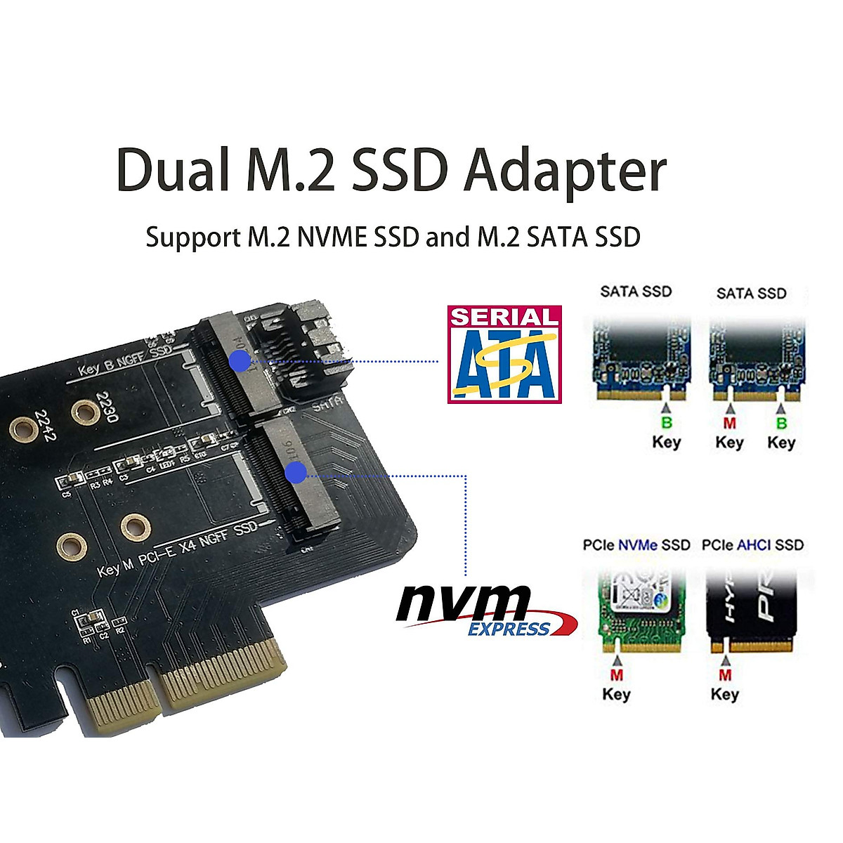 Valuegist PCIe Adapter for One M.2 NVMe Mkey and One SATA Bkey SSD, PCI-e 4.0 X4 Card Supports NGFF M2 M-Key or B-Key (M+B) SSD of Length 2280,2260,2242,2230, PCIe NVMe Adapter with SATA 3.0 Cable
