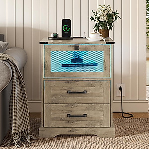 Hasuit Farmhouse Night Stand Set of 2 with LED Lights and Charging Station, Rustic Oak Nightstand with 2 Drawers, and Cubby with Wire Mesh Door, Bedside End Table for Bedroom