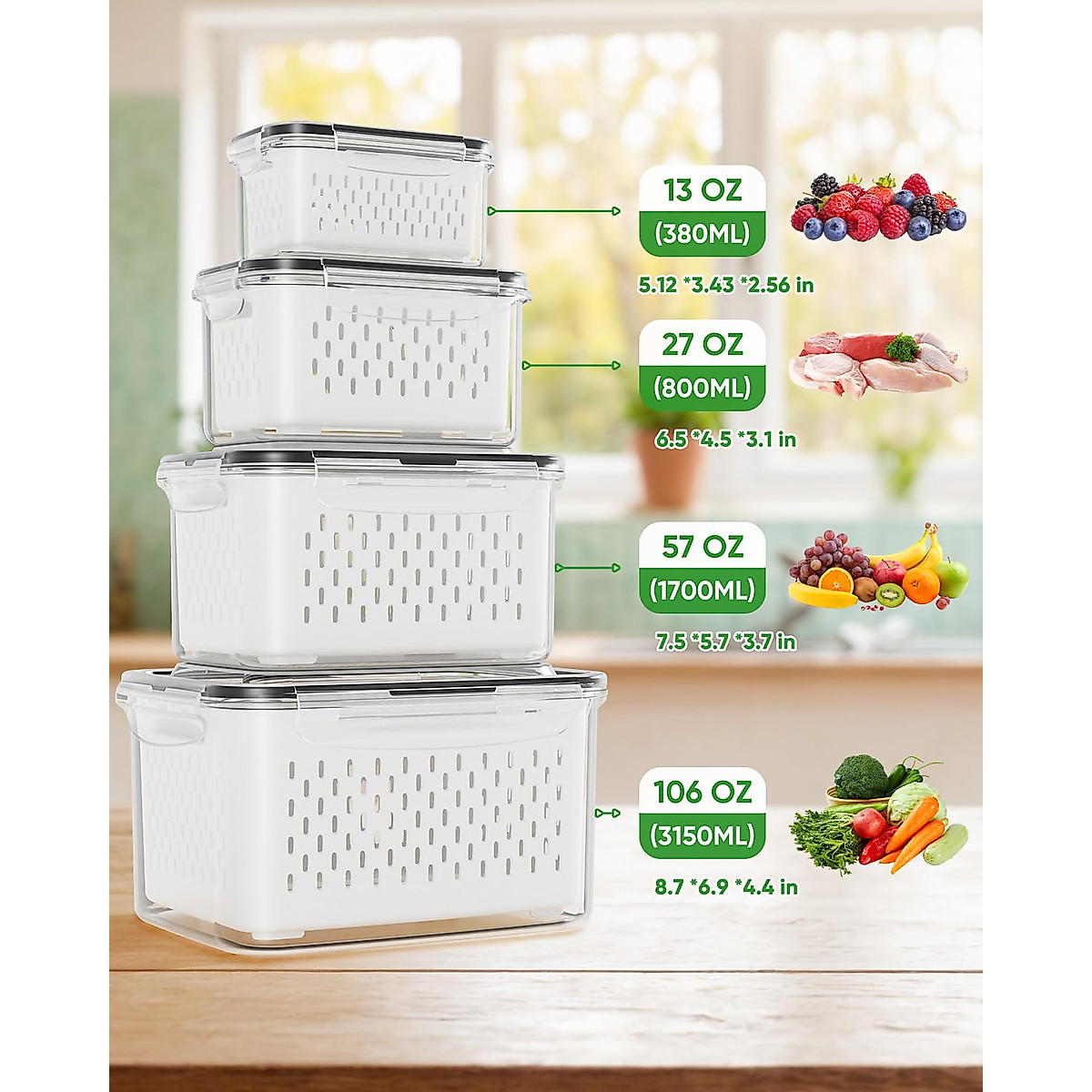 Extra Large 7 Pack Fruit Containers for Fridge,Stackable Refrigerator Organizer Bins with Removable Colander,Dishwasher & Microwave Safe Produce Containers Keep Fruits, Vegetables, Meat Fresh longer