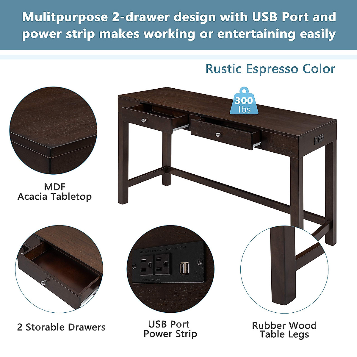 Merax 4-Piece Counter Height Bar Table Set with Socket and 2 Drawers, Mulitpurpose Rustic Bar Dining Table Set with 3 PU Leather Padded Stools, Espresso