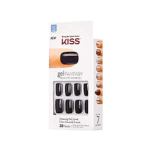 KISS Gel Fantasy Ready-to-Wear Press-On Gel Nails, “Aim High”, Short, Black, Nail Kit with 24 Mega Adhesive Tabs, Pink Gel Glue, Manicure Stick, Mini File, and 28 Fake Nails
