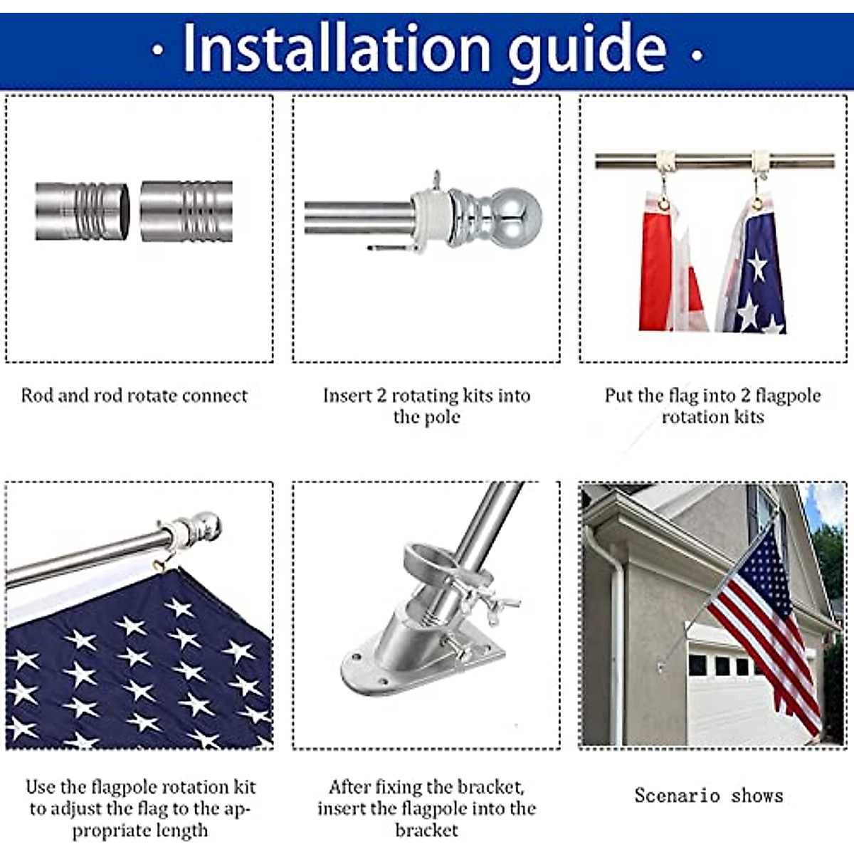 American flag with pole,Flag poles kit for 3 x 5 Flags Holder,Including 100% Polyester Flags, 6 FT stainless steel No Tangle Spinning Pole and 2-Position Flag Pole Bracket（American flag）