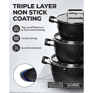 Granitestone 6 Pc Stackable Pot Set, Nesting Non Stick Pots with Lids, Cooking Pots Set, Stock Pot Set with 1.5/3 / 5 Qt Pots with Lids, Induction Cookware, Dishwasher Safe, Non Toxic - Black