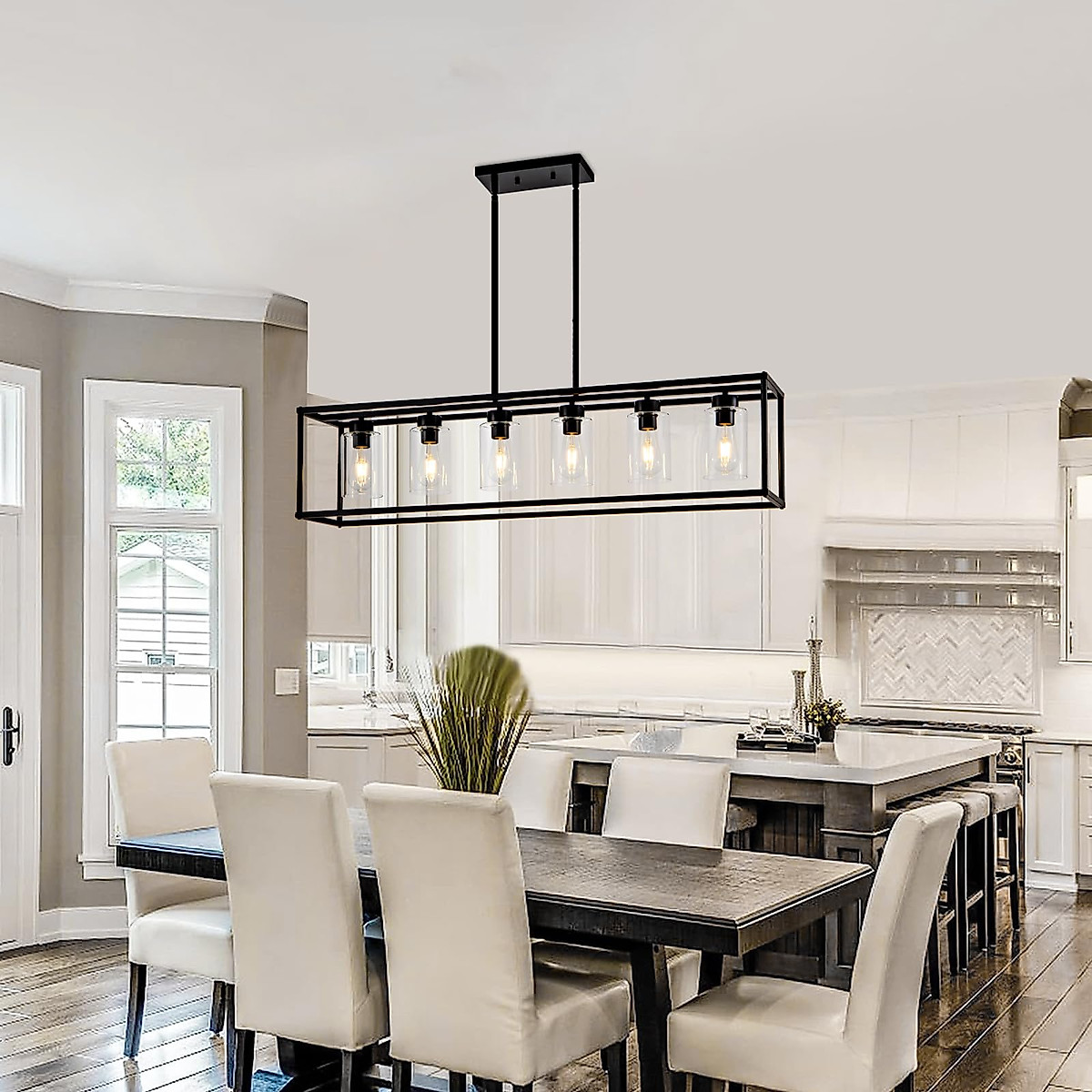 HCCZ 6 Light Dining Room Light Fixture Black Farmhouse Chandelier Kitchen Island Pendant Lighting Rectangle Modern Industrial Living Room Hanging Lights Adjustable Height