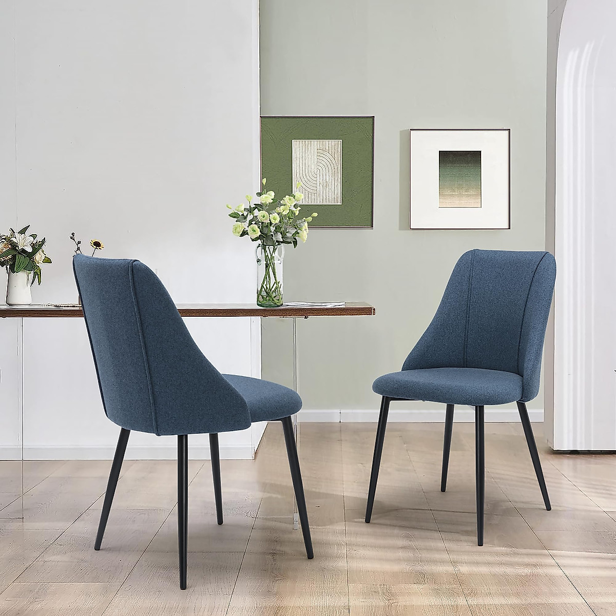 DAGONHIL Modern Dining Chairs for Kitchen,Linen-Cotton Upholstered Dining Chair Set of 2 with Black Metal Leg (Blue)