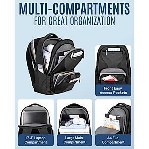 LIGHT FLIGHT Travel Backpack, Laptop Backpack for Men, School College Bookbag, 17.3 Inch Computer Backpack Business Back Pack, Work Bag with USB Charging Hole, 40L Large Casual Daypack, Black grey