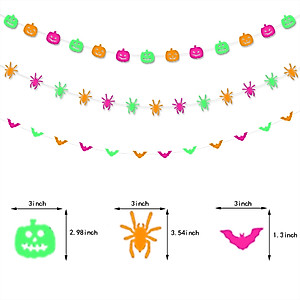 Halloween Party Decorations Neon Banner - 3pcs Glow in The Dark Paper Pumpkin Bats Spiders Hanging Swirls Streamers,Window Fireplace Room Ceiling Garland, Baby Shower Birthday Supplies Decor Panduola