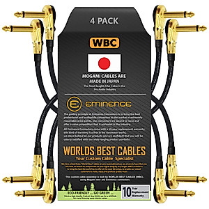WORLDS BEST CABLES 4 Units - 10 Inch - Pedal, Effects, Patch, Instrument Cable Custom Made Made Using Mogami 2319 Wire and Eminence Gold Plated ¼ inch (6.35mm) R/A Pancake Type Connectors