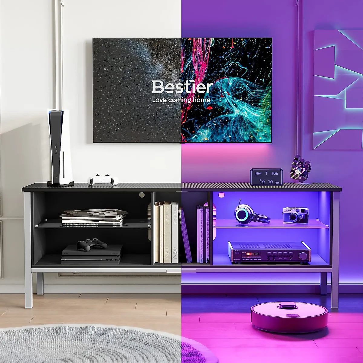 Bestier Gaming Entertainment Center for 65+ Inch TV with LED Lights & Adjustable Glass Shelves, Modern TV Stand Media Console, Fits TVs up to 75 Inch, Black Carbon Fiber Ideal for Living Room
